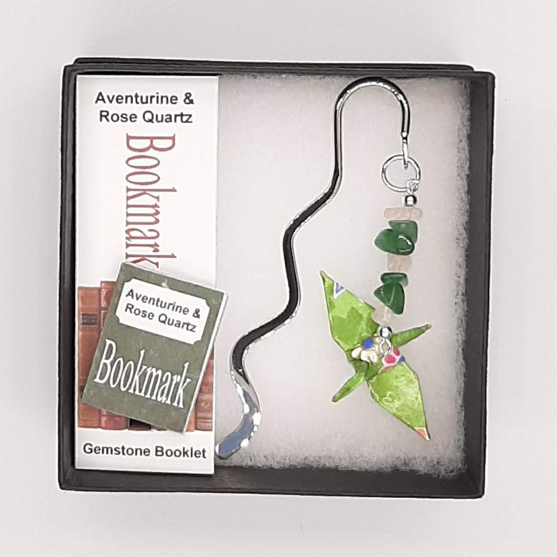 Origami Crane Bookmark with Aventurine & Rose Quartz – Japanese Papercraft