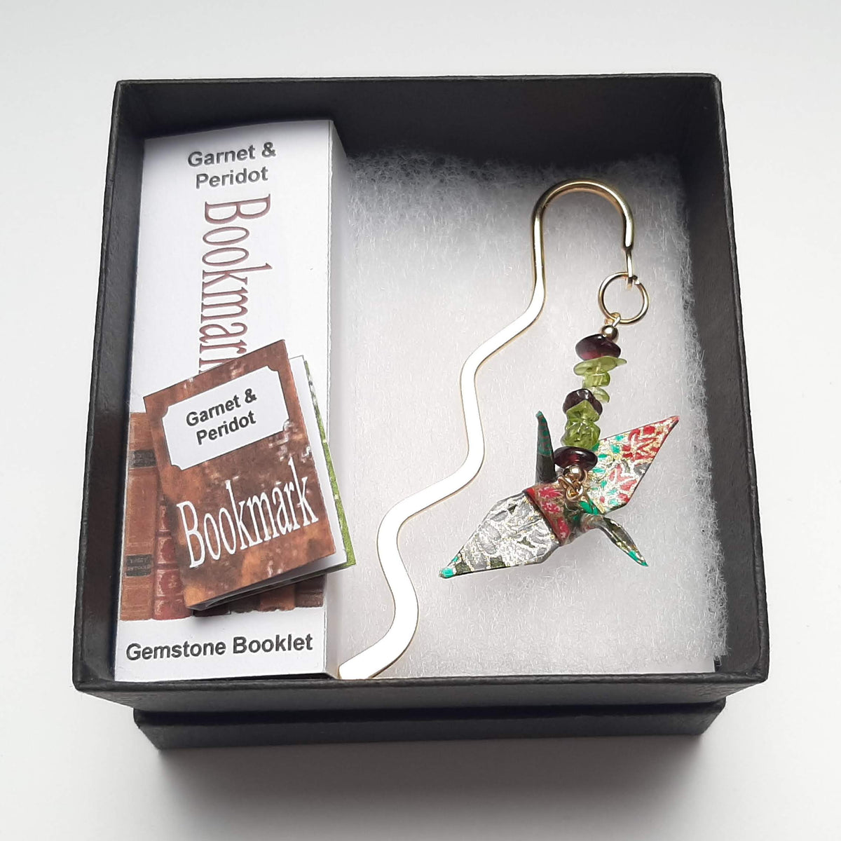 Origami Crane Bookmark with Garnet & Peridot – Japanese Papercraft