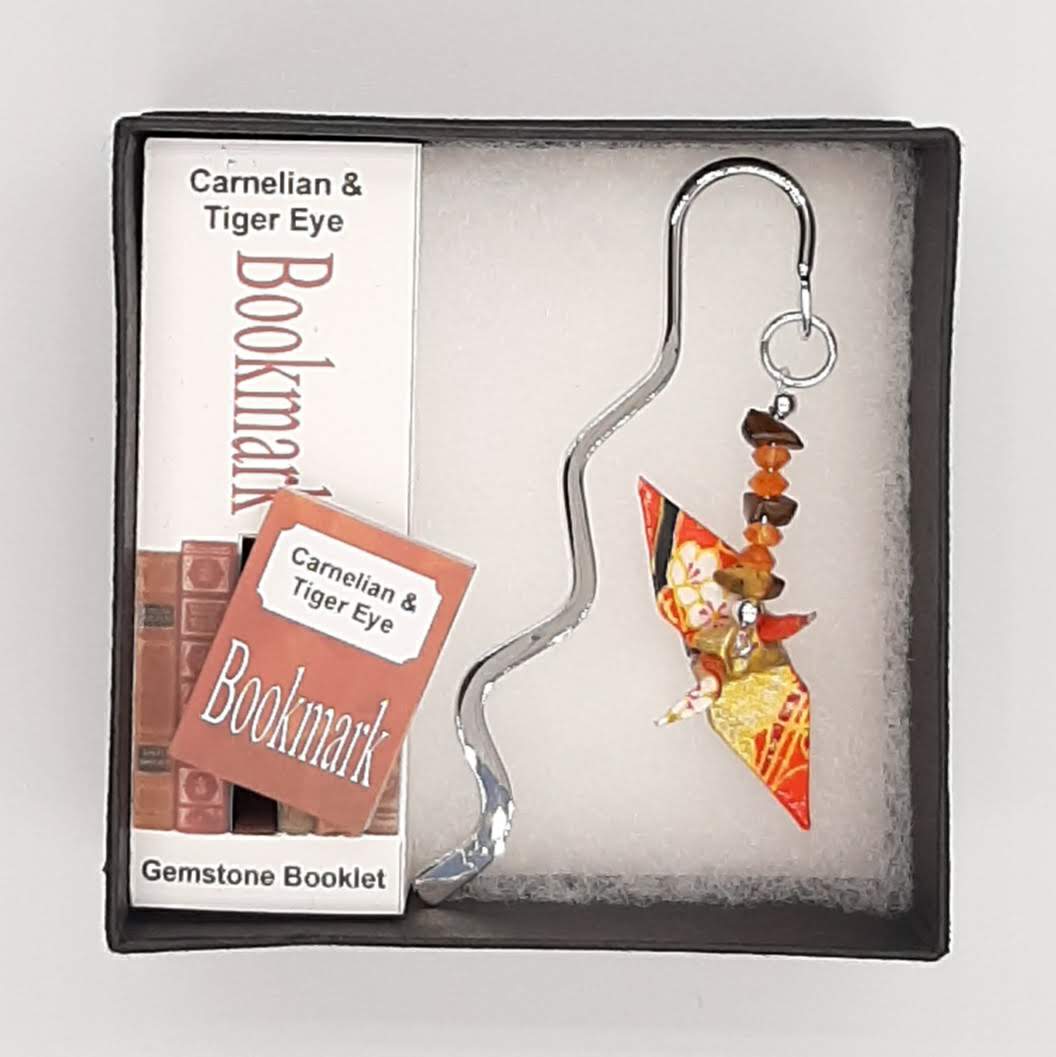 Origami Crane Bookmark with Carnelian & Tiger Eye – Japanese Papercraft