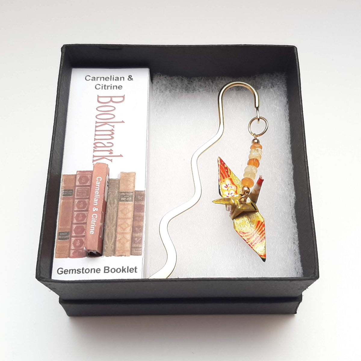 Origami Crane Bookmark with Carnelian & Citrine – Japanese Papercraft