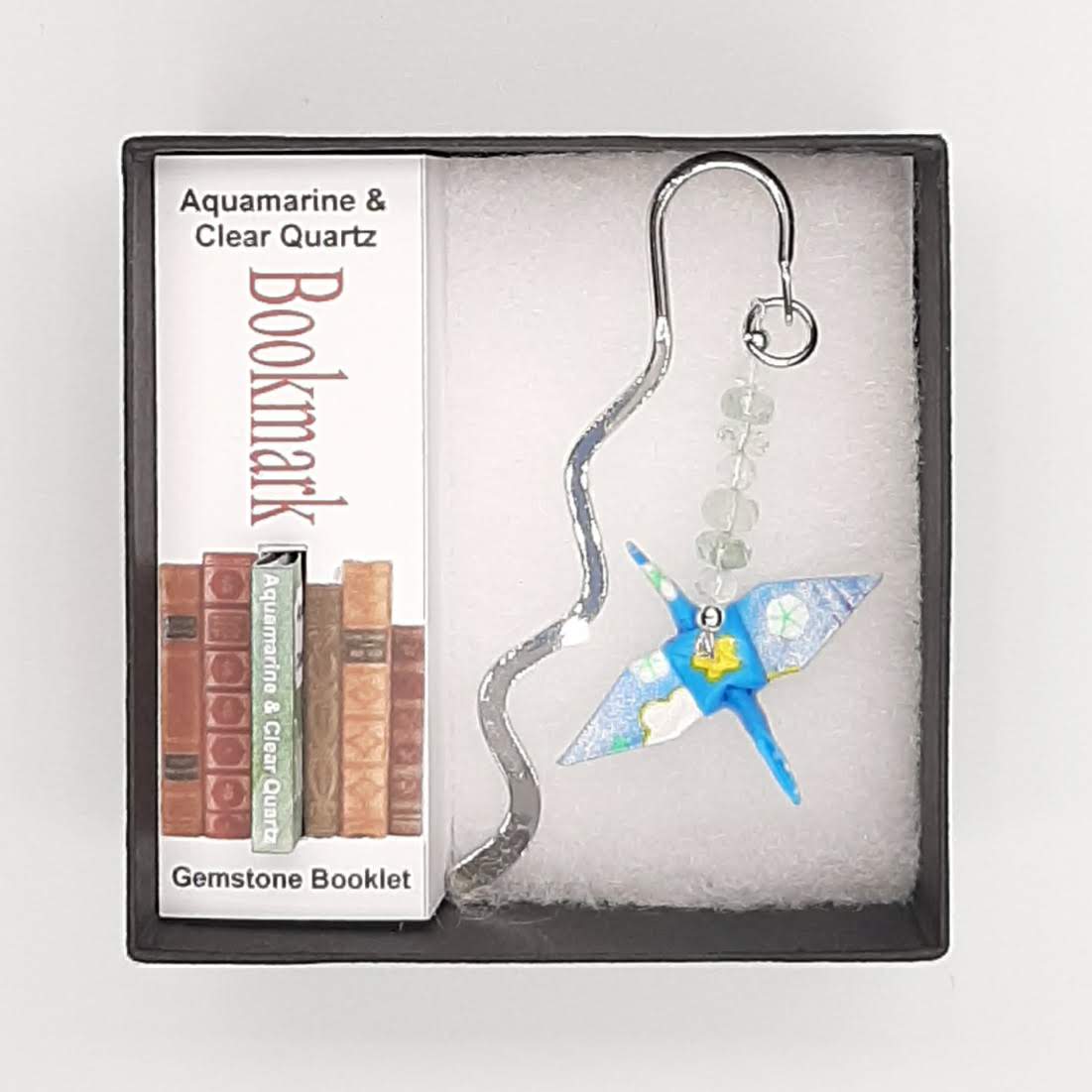 Origami Crane Bookmark with Aquamarine & Clear Quartz – Japanese Papercraft