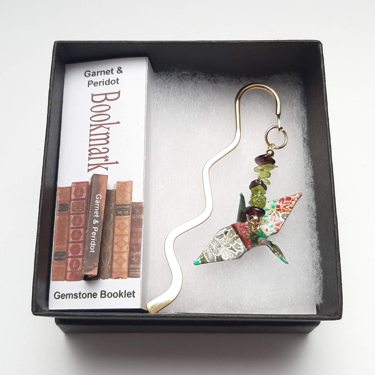 Origami Crane Bookmark with Garnet & Peridot – Japanese Papercraft