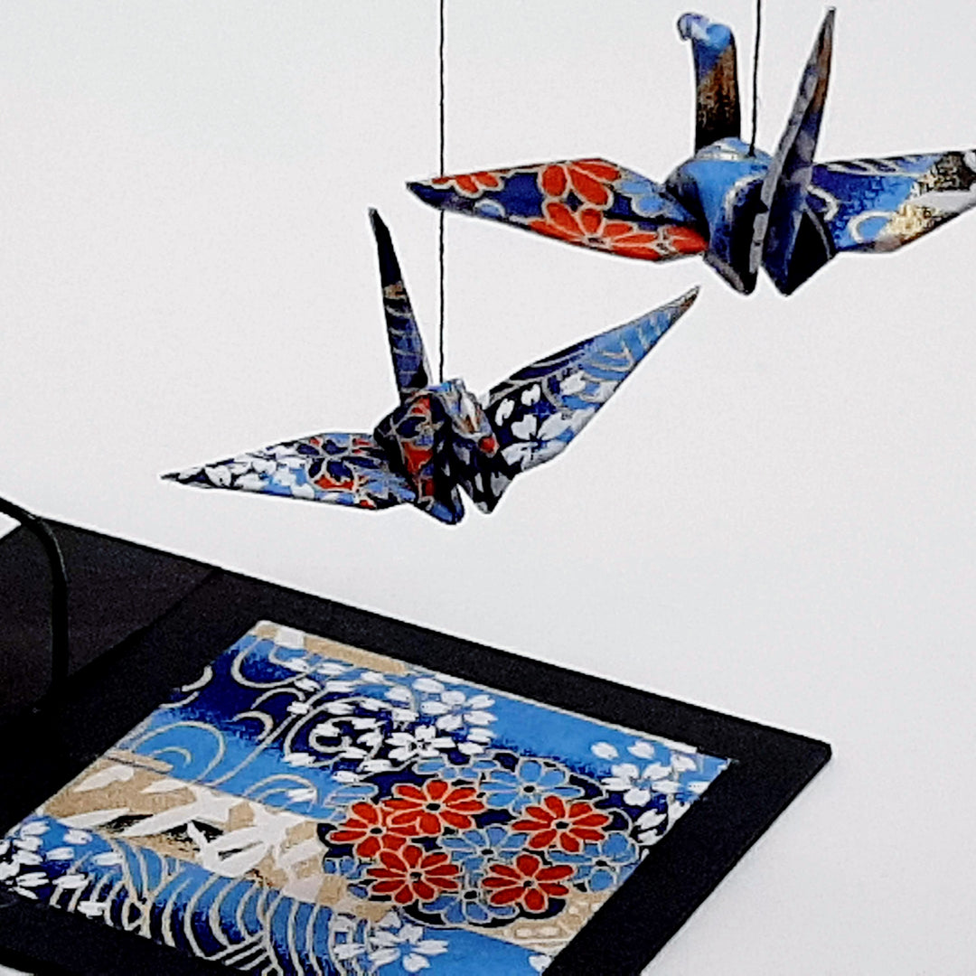 Desktop Origami Crane Mobile - Blue & Gold – Japanese Papercraft