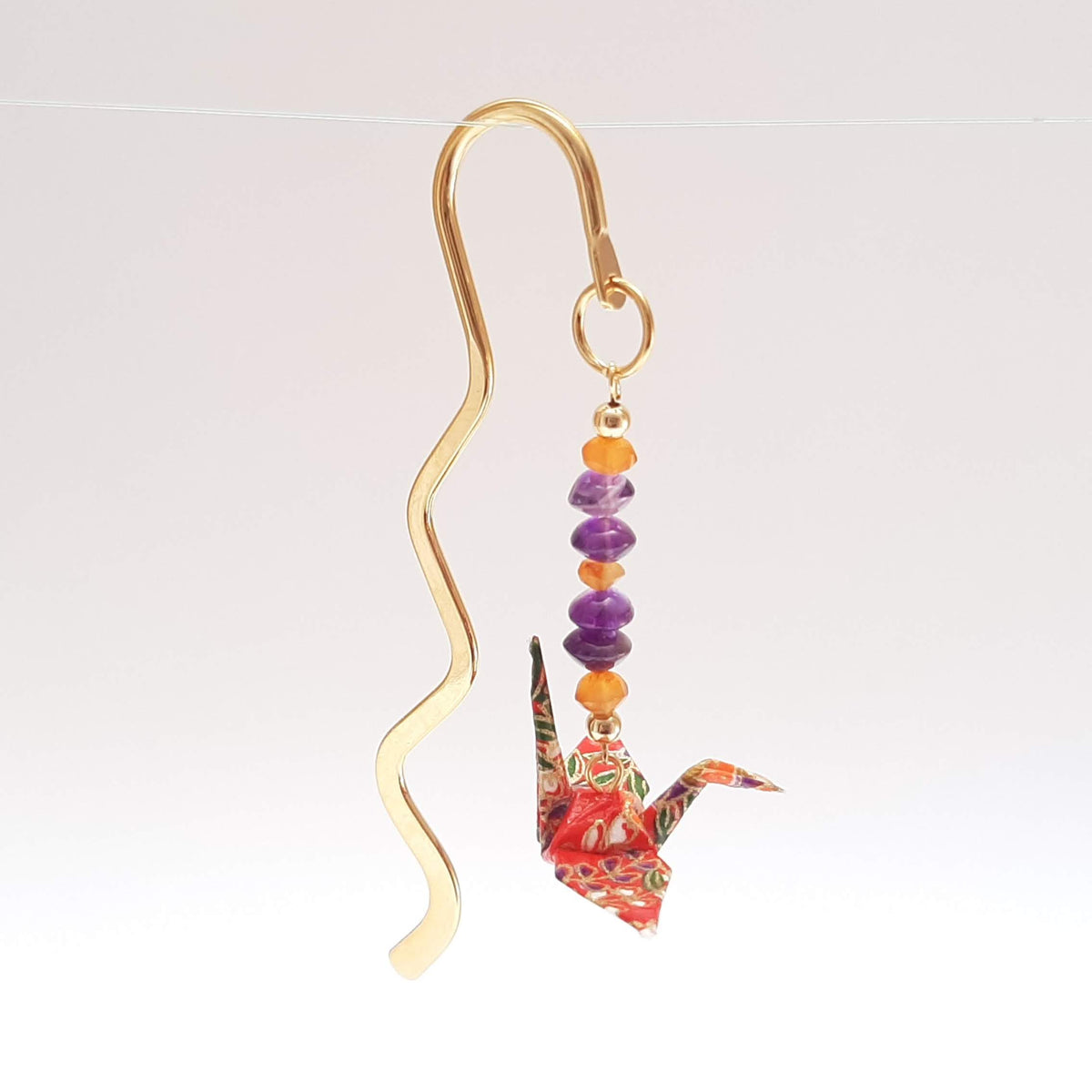 Origami Crane Bookmark with Carnelian & Amethyst – Japanese Papercraft