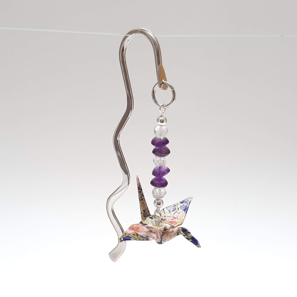 Origami Crane Bookmark with Amethyst & Clear Quartz – Japanese Papercraft