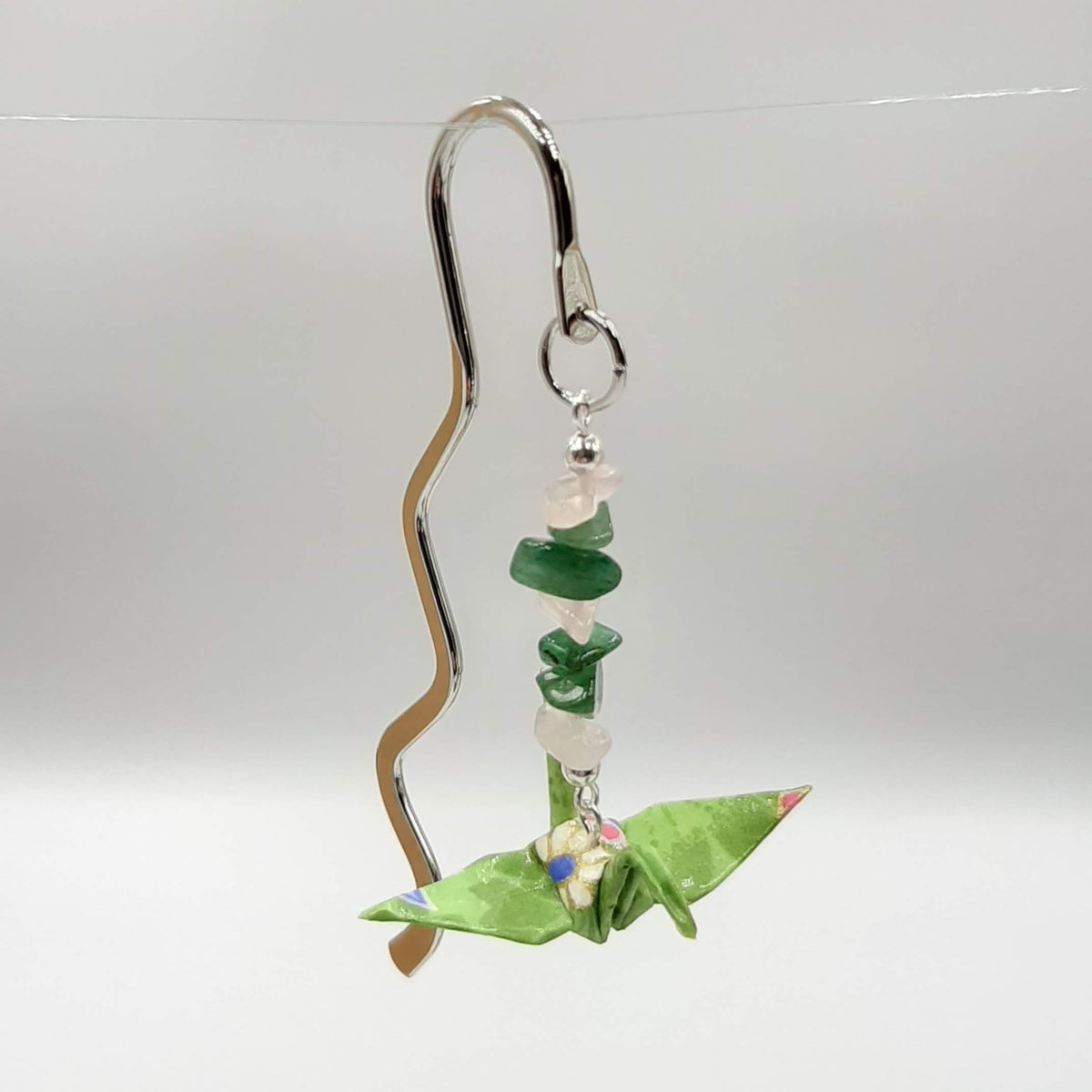 Origami Crane Bookmark with Aventurine & Rose Quartz – Japanese Papercraft