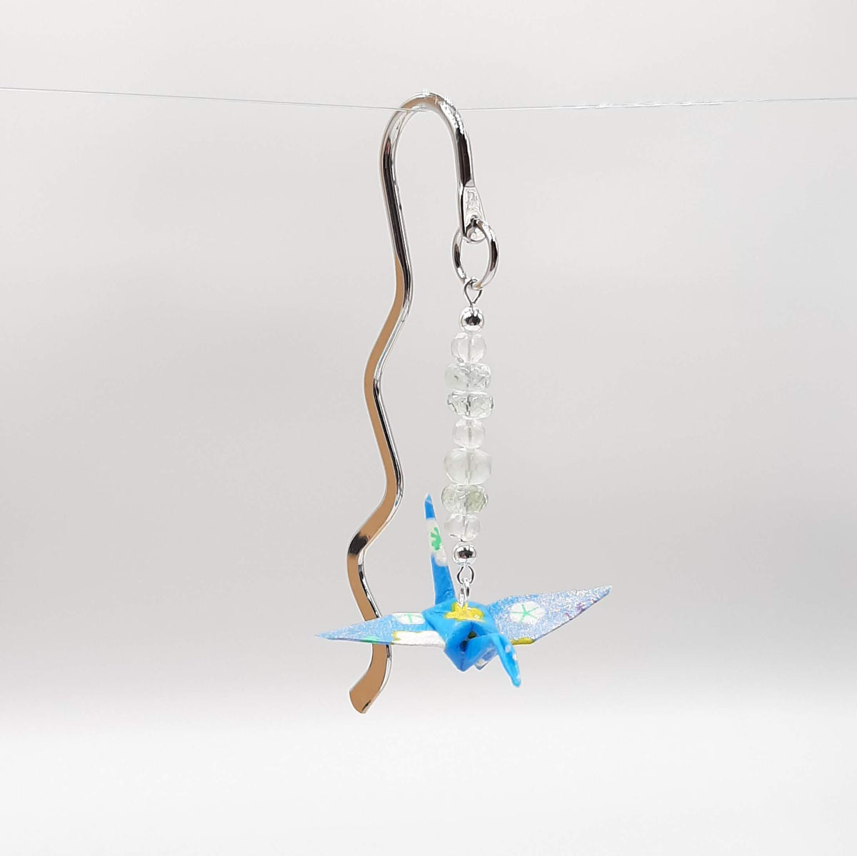Origami Crane Bookmark with Aquamarine & Clear Quartz – Japanese Papercraft